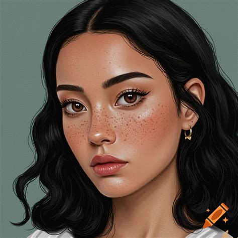 A Close Up Of A Womans Face With Dark Hair Brown Eyes And Freckles