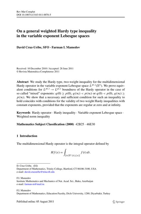 Pdf On A General Weighted Hardy Type Inequality In The Variable