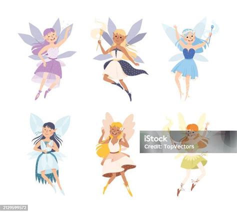 귀여운 소녀 요정 비행 날개와 마술 지팡이 벡터 일러스트 세트 개념에 대한 스톡 벡터 아트 및 기타 이미지 개념 개체 그룹