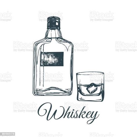 손으로 스케치 위스키 병 및 유리입니다 스카치의 벡터 일러스트 레이 션을 설정합니다 빈티지 알콜 음료 메뉴 디자인 개념에 대 한