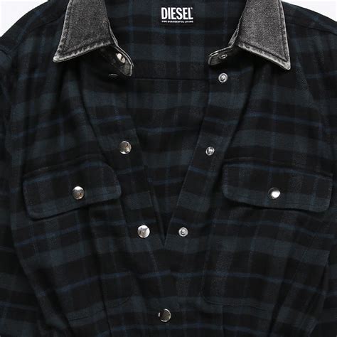 【楽天市場】★diesel ディーゼル レディース★チェック柄 襟デニム切替 膝上丈 長袖フランネルシャツワンピース【d Janice A