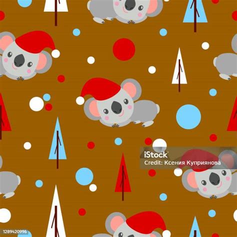 빨간 크리스마스 모자를 쓰고 코알라 아기들과 함께 누워 웃고 있는 매끄러운 패턴 전나무 나무 갈색 배경 흰색 빨간색 및 파란색 색종이 엽서 스크랩북 섬유 벽지 포장지 가공의