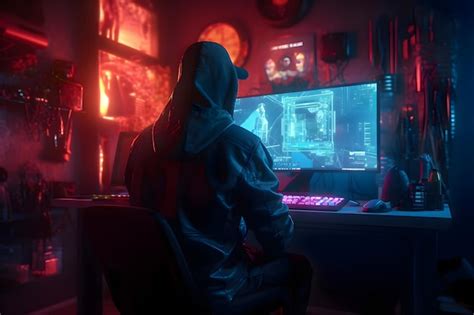 Premium Ai Image A Hacker In A Hoodie Is Sitting In Front Of A