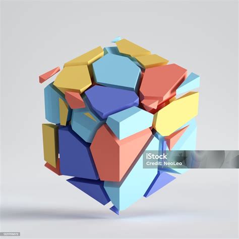 3d 렌더링 추상 다채로운 조각 깨진 큐브 파란색 빨간색 노란색 다각형 모자이크 요소입니다 흰색 배경에서 격리된 기하학적 개체