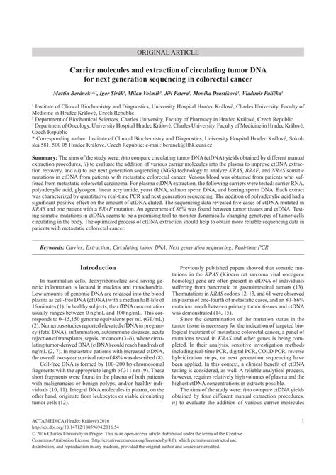 Pdf Carrier Molecules And Extraction Of Circulating Tumor Dna For Next Generation Sequencing