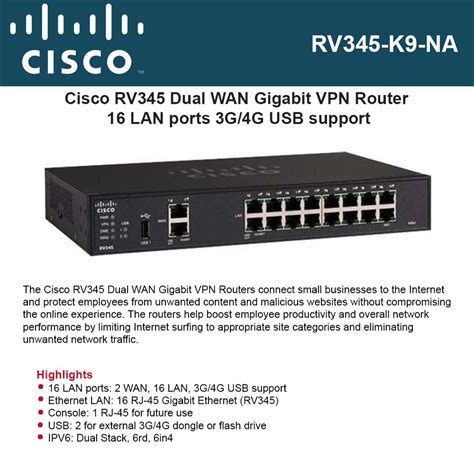 Cisco Rv345 Dual Wan Gigabit Vpn Router 16 Lan Ports 3g4g Usb Support