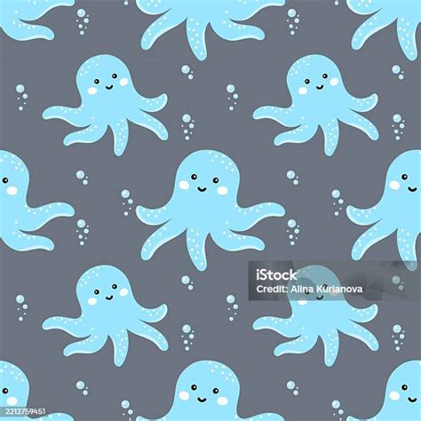 귀여운 문어와 바다 생물 조개 해초 거품이 있는 완벽 한 패턴 아기 용품 월페이퍼 및 포장지에 이상적인 카와이 디자인 귀여운에
