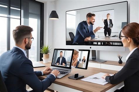 Team Of Businessman And Businesswoman Communicate Via Video Link Business Video Conference
