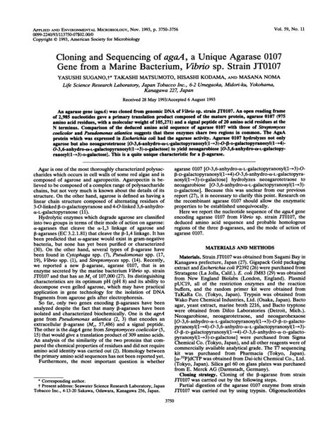 Pdf Cloning And Sequencing Of Agaa A Unique Agarase 0107 Gene From A Marine Bacterium Vibrio