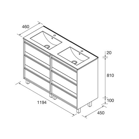 Vanity Unit Attila 1200 6 Drawers Red Satin Basin
