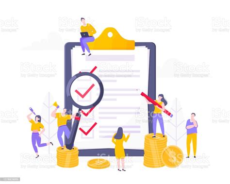 클립 보드 클레임 양식 및 함께 일하는 작은 사람들에 온라인 설문 조사 양식 또는 보험 응용 프로그램 인터넷 설문지 온라인 교육 퀴즈 벡터 일러스트 개념 은유 신청서에 대한