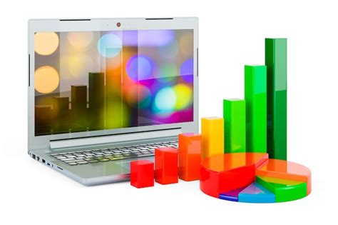 Premium Photo Laptop With Opened Display With Growth Bar Graph And Pie Chart D Rendering