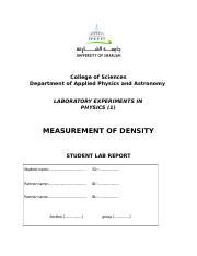 Exp Measurement Of Density LAB Docx College Of Sciences Department Of Applied Physics And
