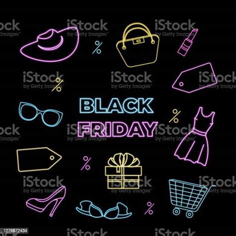 블랙 프라이데이네온 포스터 할인 바우처 쇼핑 배너 및 계절 판매를위한 템플릿 디자인 형광색의에 대한 스톡 벡터 아트 및 기타