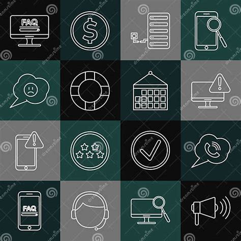 Set Line Megaphone Speech Bubble With Call Monitor Exclamation Mark Server Lifebuoy Sad