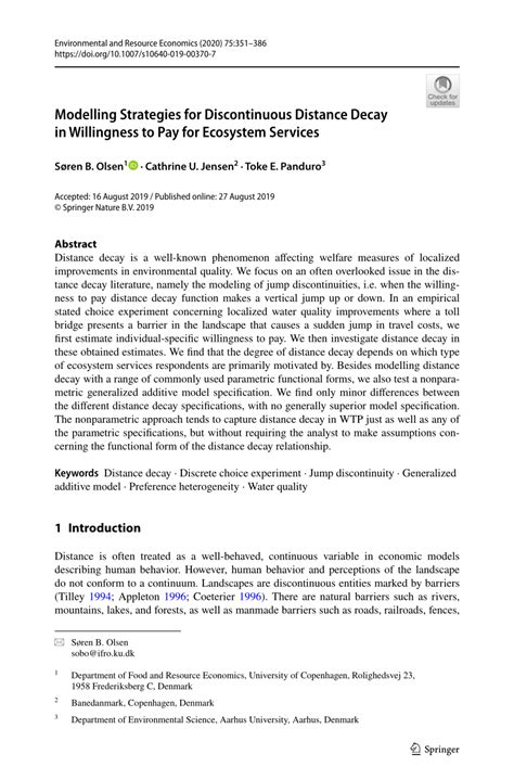 PDF Modelling Strategies For Discontinuous Distance Decay In Willingness To Pay For Ecosystem