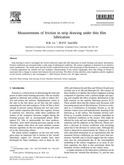 Pdf Measurements Of Friction In Strip Drawing Under Thin ﬁlm Mpfs