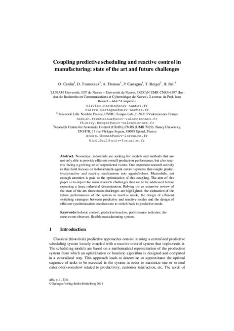 Pdf Coupling Predictive Scheduling And Reactive Control In Manufacturing State Of The Art And