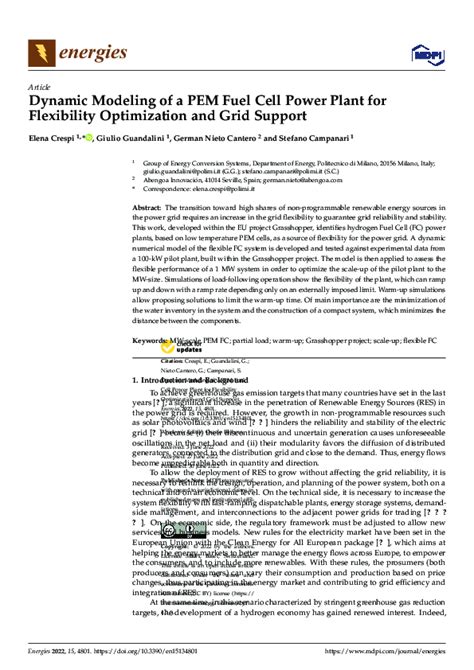 Pdf Dynamic Modeling Of A Pem Fuel Cell Power Plant For Flexibility Optimization And Grid Support