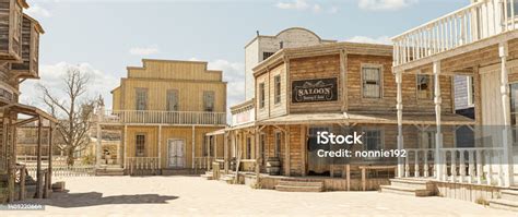 목조 건물이있는 오래된 야생 서쪽 마을의 빈 거리를 3d 일러스트 레이 션으로 렌더링합니다 카우보이에 대한 스톡 사진 및 기타 이미지 Istock