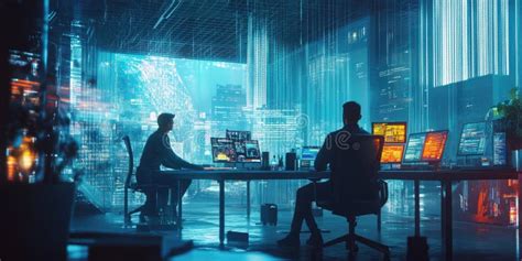 Cybernetic Workspace Professionals In Futuristic Room Amid Glowing Blue Aura Interacting With