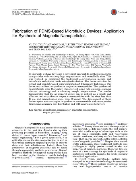Pdf Fabrication Of Pdms Based Microfluidic Devices Application For Synthesis Of Magnetic