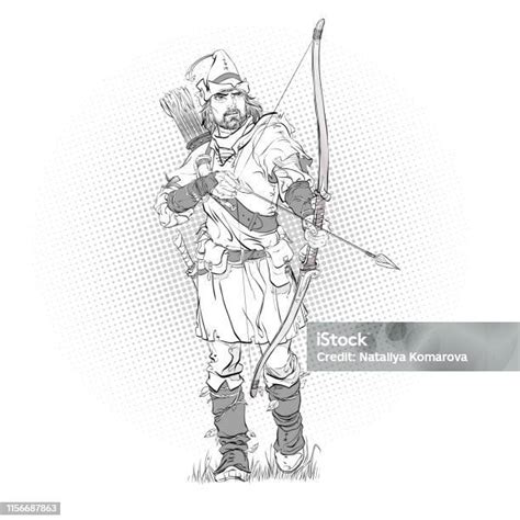 깃털모자를 쓴 로빈 후드 약한 수비수 중세 전설 중세 전설의 영웅 하프 톤 배경입니다 남자에 대한 스톡 벡터 아트 및 기타 이미지 Istock