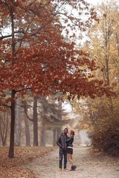 Happy Cute Interracial Couple Posing Blurry Autumn Park Background