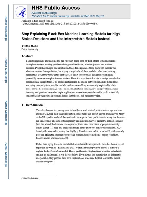 Rudin 2019 Stop Explaining Black Box Machine Learning Models For