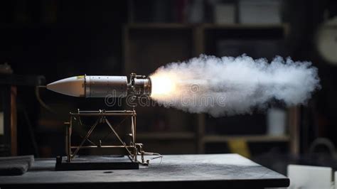 Model Rocket Engine Testing In A Workshop With Smoke And Flame Effects Stock Image Image Of