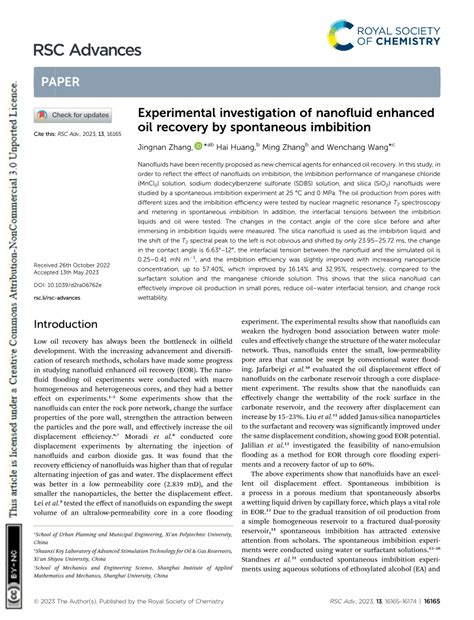 Pdf Experimental Investigation Of Nanofluid Enhanced Oil Recovery By
