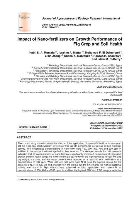 (PDF) Impact of Nano-fertilizers on Growth Performance of Fig Crop and Soil Health | Islam ...