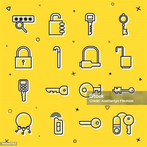 열쇠 오래된 열린 자물쇠 열쇠 지렛대 자물쇠 암호 보호 및 자전거 아이콘으로 라인 하우스를 설정하십시오 벡터 갈고리 발톱에 대한 스톡 벡터 아트 및 기타 이미지 Istock