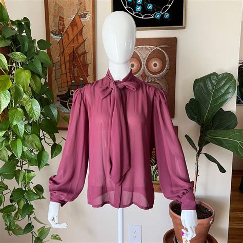 70s Vintage Malbe Maroon Sheer Pussy Bow Blouson Sleeve Blouse New With