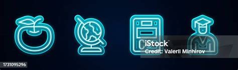 라인 설정 Apple 지구 지구본 오답이 있는 시험지 졸업 및 졸업 모자 빛나는 네온 아이콘입니다 벡터 과일에 대한 스톡 벡터 아트 및 기타 이미지 Istock