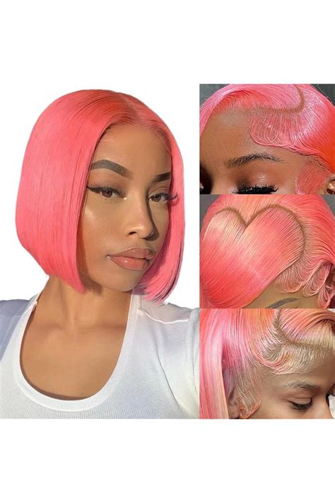 Pink Lace Front Wig Human Hair 13x4 Pink Human Hair Bob Wigs 180