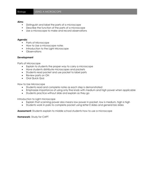 Microscope Biology Worksheet Parts And Usage