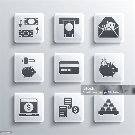 종이 또는 재정 수표 금괴 동전이 있는 돼지 저금통 신용 카드 노트북 달러 망치 환전 및 봉투 기호 아이콘을 설정합니다 벡터 0명에 대한 스톡 벡터 아트 및 기타 이미지