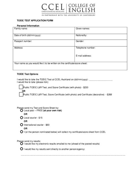 Fillable Online Ccel Co Toeic Test Application Form Christchurchccel Fax Email Print Pdffiller