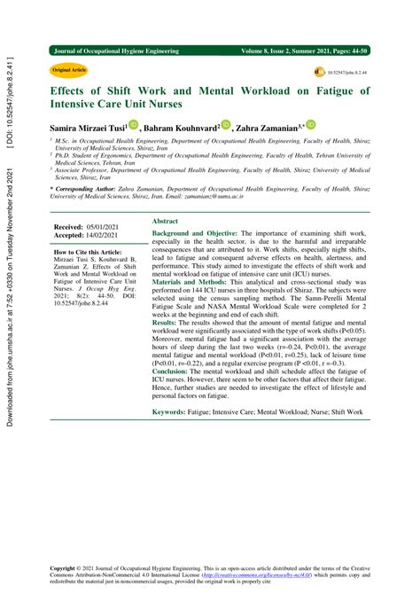 Pdf Effects Of Shift Work And Mental Workload On Fatigue Of Intensive Care Unit Nurses