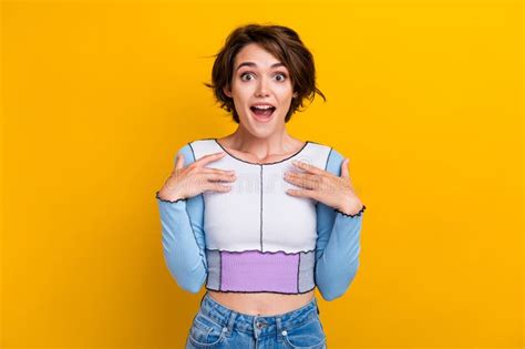 Photo Of Impressed Positive Lady Dressed Shirt Arms Chest Open Mouth