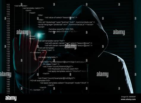 Hacker Using Digital Code On Virtual Screen In Darkness Cyber Crime