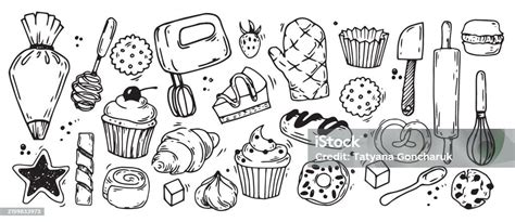 베이킹 과자를 테마로 한 귀여운 요소 세트 디저트 케이크 및 요리 도구가 있는 낙서 그림 개체 그룹에 대한 스톡 벡터 아트 및 기타 이미지 Istock