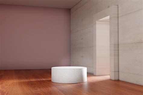 제품 마케팅 템플릿입니다 조밀 한 공기 프리젠 테이션을위한 작은 의자 템플릿 나무 분홍색 및 콘크리트 햇빛이 들어오고 내부의 시원한 조명 3차원 형태에 대한 스톡 사진 및