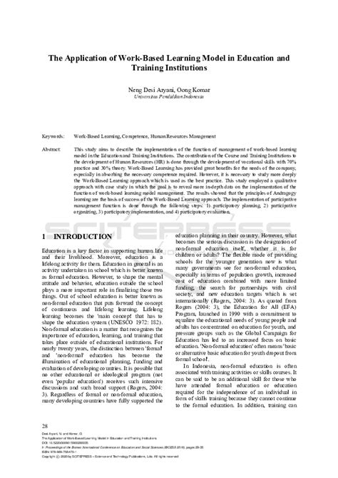 pdf the application of work based learning model in education and training institutions