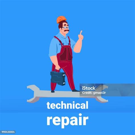 파란색 배경 평면에 렌치 기술 수리 지원 개념에 서 있는 배관공 정비사 핸디 가득 찬에 대한 스톡 벡터 아트 및 기타 이미지 가득 찬 개념 건설 산업 Istock