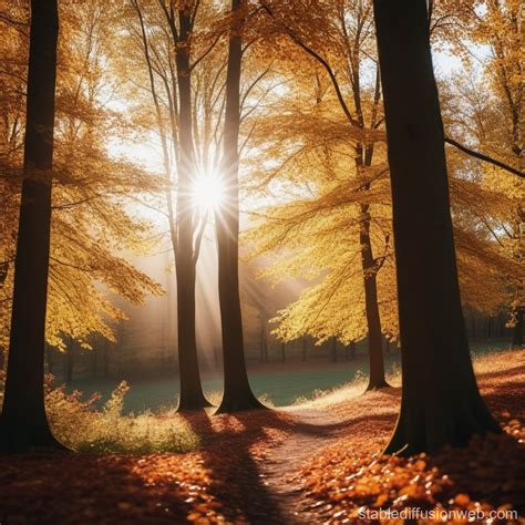 Realistic Sunlight Piercing Dense Autumn Trees Stable Diffusion Online