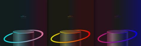 하나의 컬렉션에 사실적인 3d 연단 실린더 블랙 핑크 블루 레드 옐로우 퍼플 라운드 네온 링 회전 미래 공상 과학 컨셉 쇼케이스