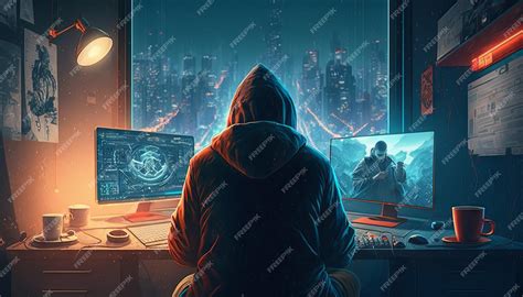 premium photo a hacker in a hood sits in front of a computer monitor