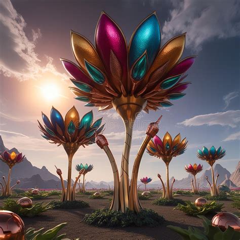 Alien Sky With Its 3 Suns Grows A Large Alien Flower 2 Stock Image